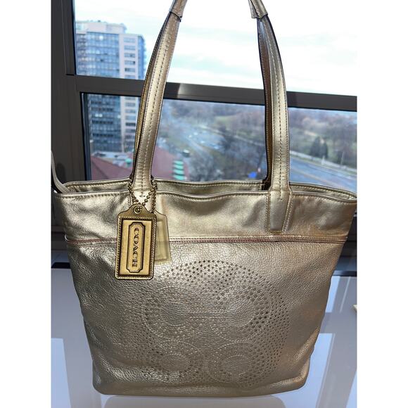 Coach | Bags | Coach Audrey Gold Perforated Leather Shoulder Bag Tote ...